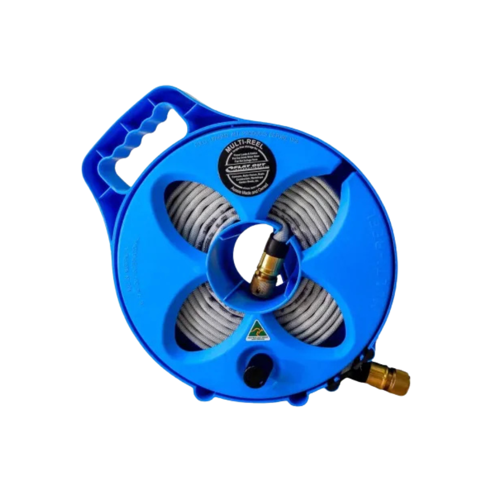 FLAT OUT DRINK WATER HOSE REEL 5M EXTENSION ON COMPACT BLUE WITH GERMAN ...