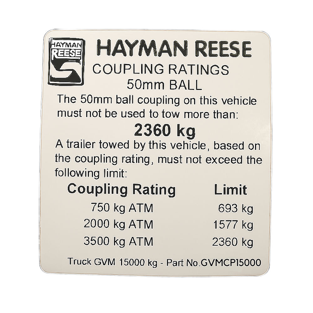 Hayman Reese Trailer Coupling Rating Label – 50mm Ball 2360KG NHVR ...
