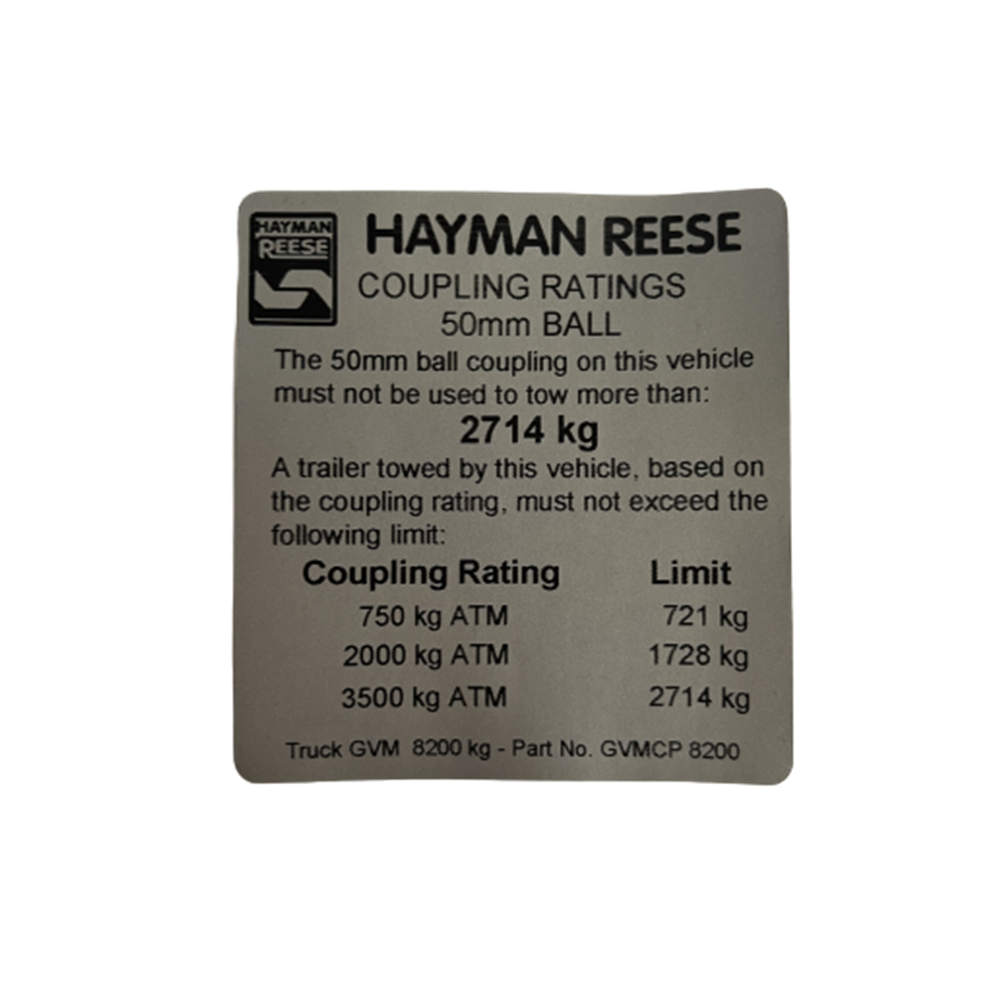 Hayman Reese Trailer Coupling Rating Label 50mm Ball – 2714KG for ...