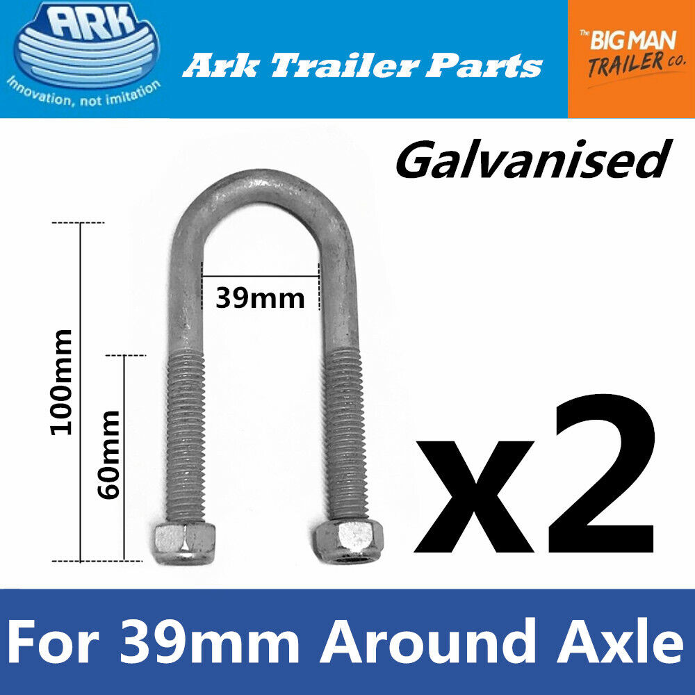 2x ARK Trailer Axle U Bolts Round 39mm wide Galvanised 100mm Long U ...