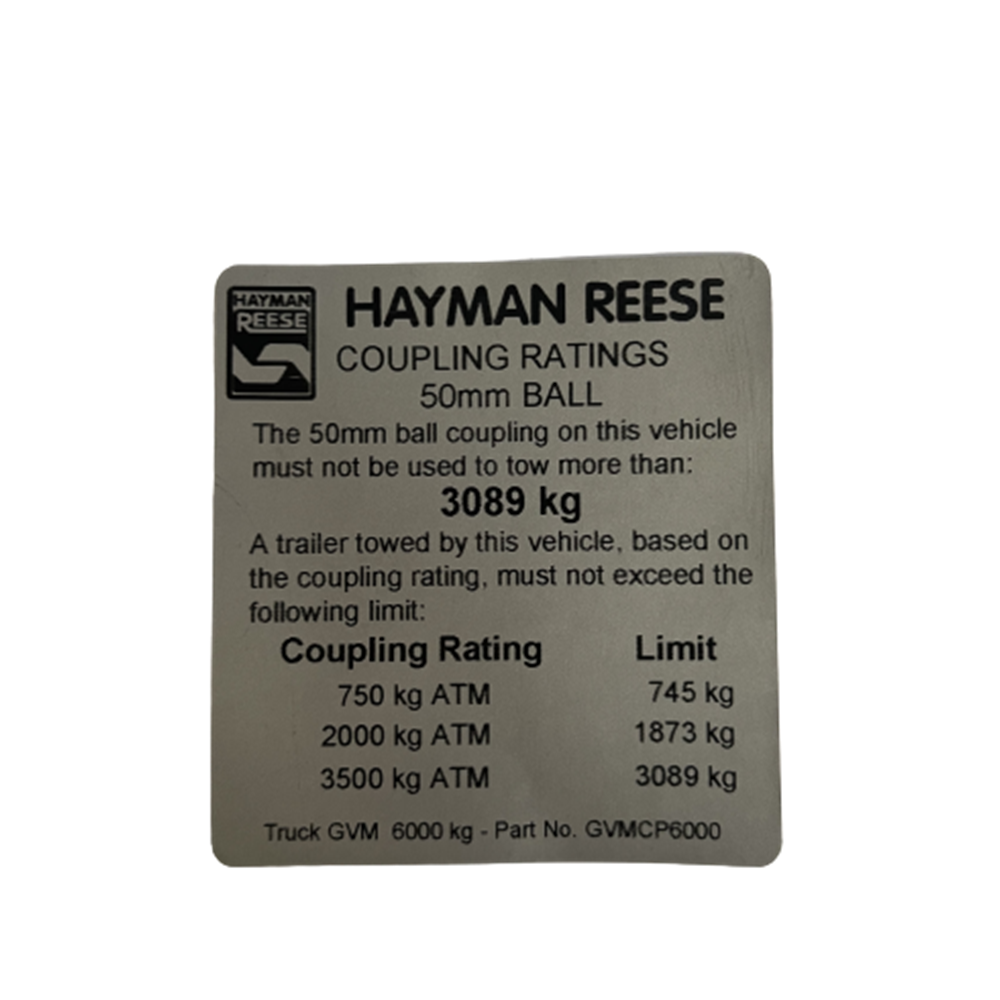 Hayman Reese Coupling Rating Label 50mm Ball – 3089KG for 6000kg GVM ...