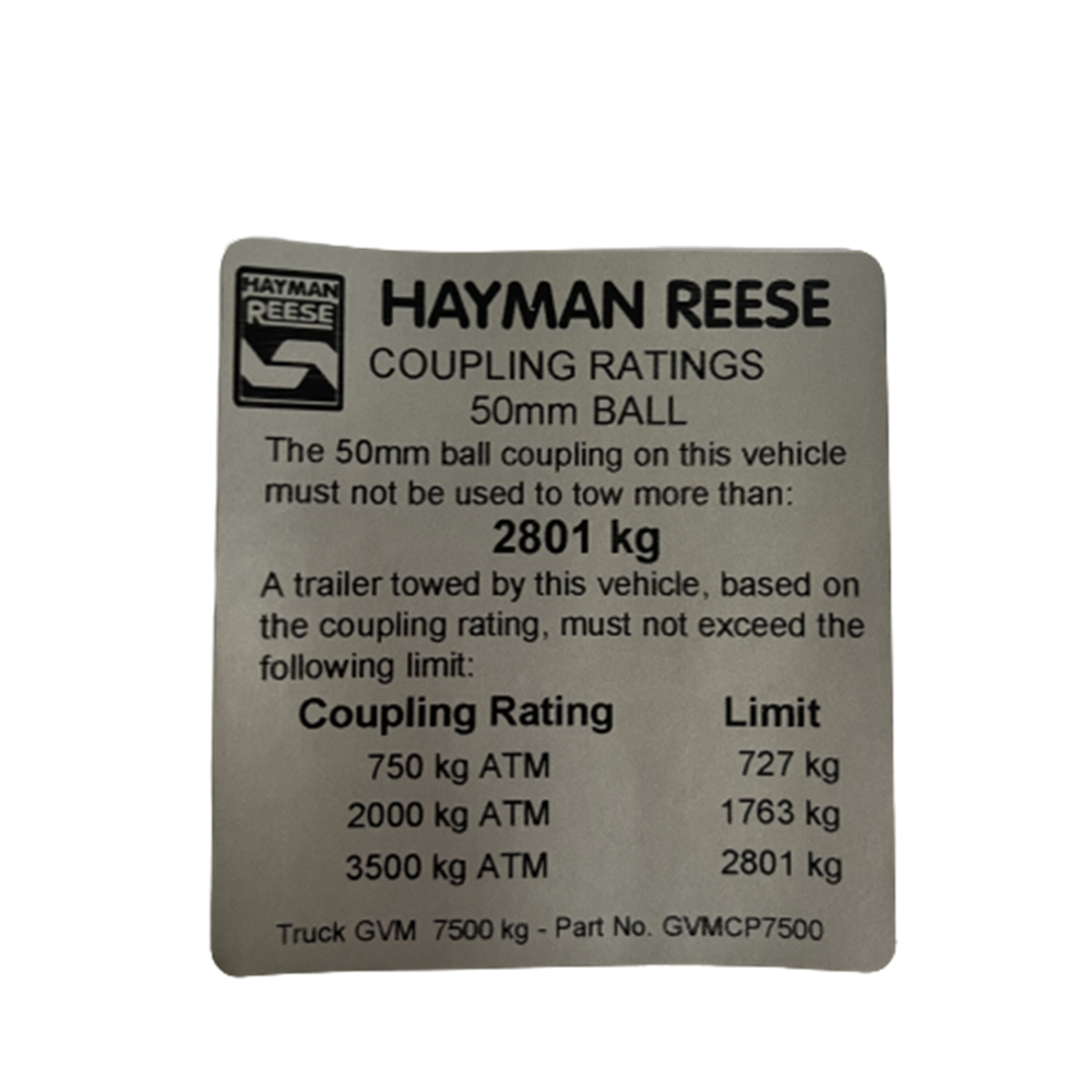 Hayman Reese Trailer Coupling Rating Label 50mm Ball – 2801KG for ...