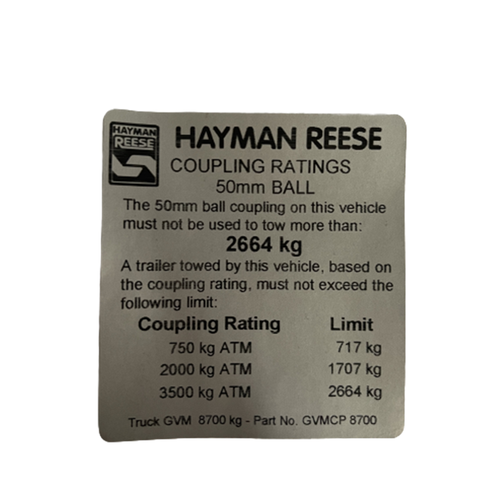 Hayman Reese Trailer Coupling Rating Label 50mm Ball – 2664KG for ...