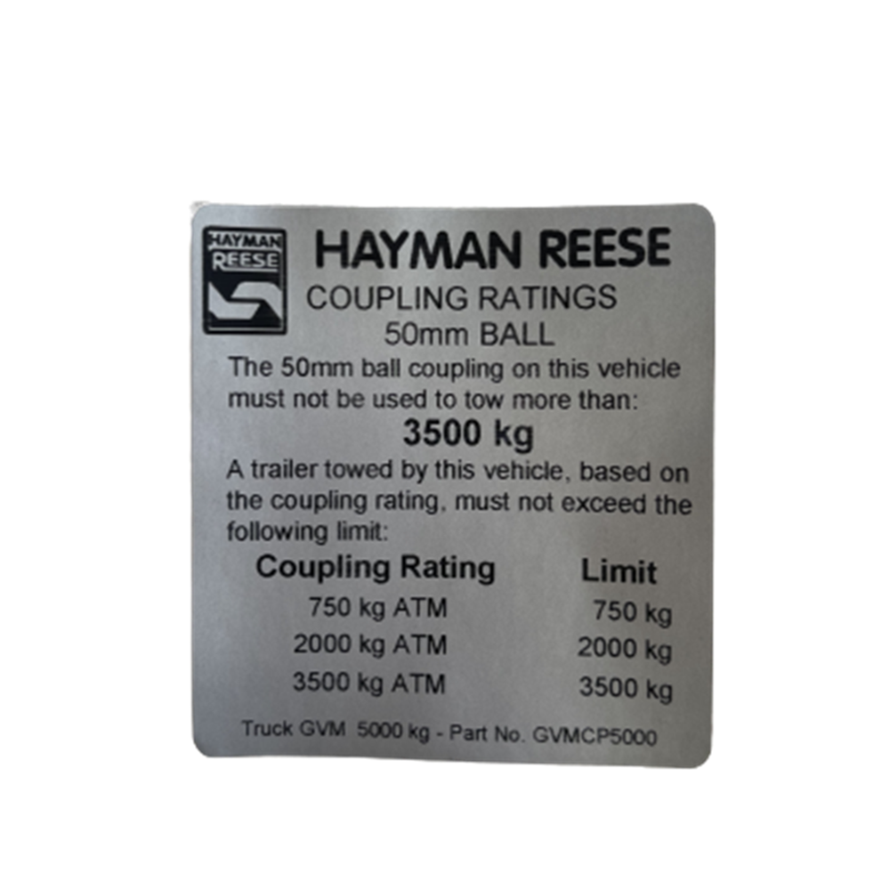 Hayman Reese Coupling Rating Label 50mm Ball – 3500KG Max Legal Tow ...